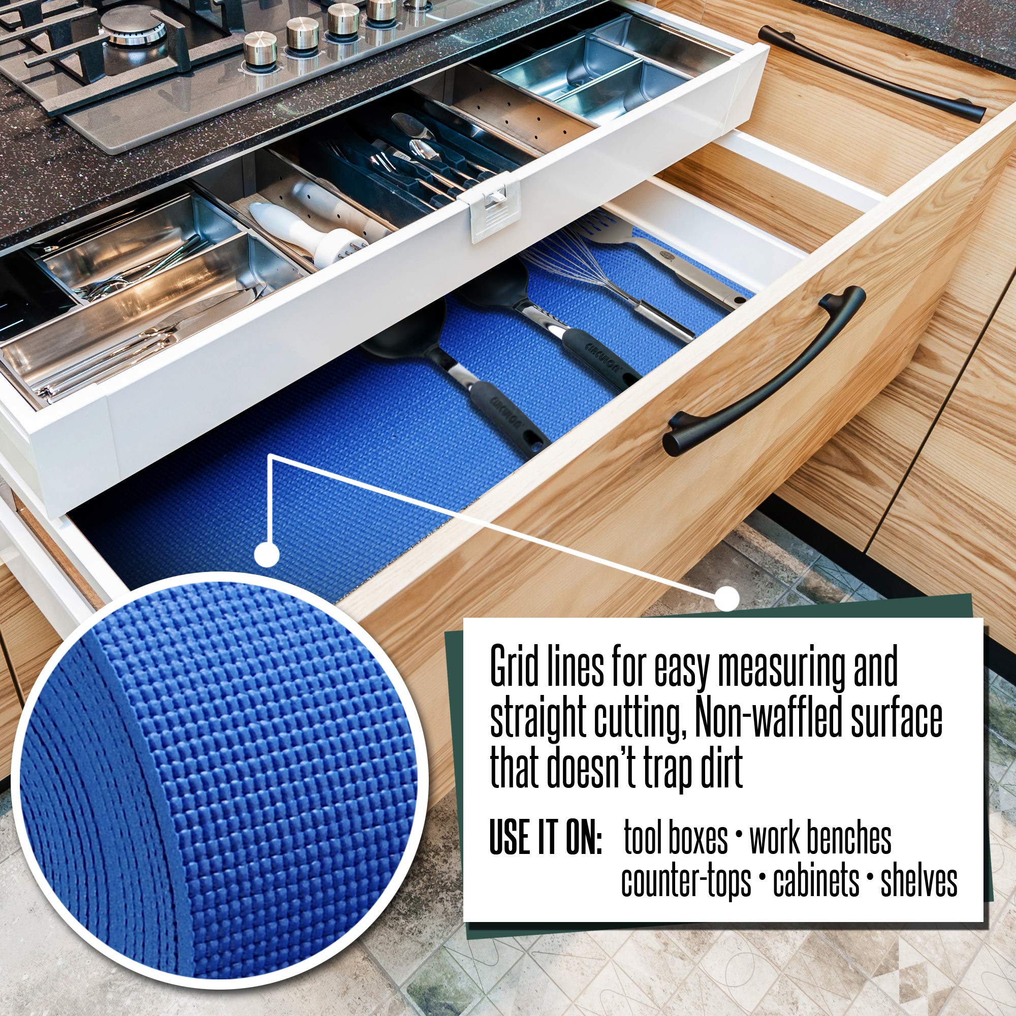 Reizen Tech Max-Tough Tool Box Liner-18 inches x 24 feet x 3mm - Stay-Put Surface Defends Against Wear and Tear - Keeps Tools Protected and Organized - Garage Shelves, Tool Chest, and Cabinets - Blue