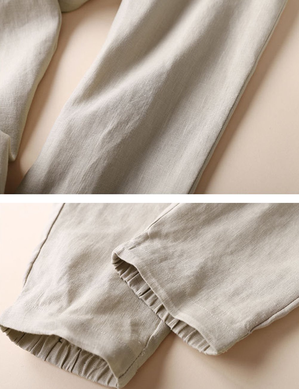 IXIMO Women's Tapered Pants 100% Linen Drawstring Back Elastic Waist Pants Trousers with Pockets Khaki XL