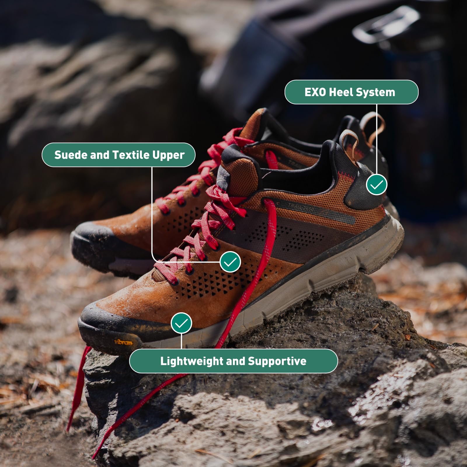 Danner Trail 2650 Hiking Shoes for Men - Durable Suede, Lightweight Textile with Breathable Mesh Lining, Ortholite Footbed, & Vibram Traction Outsole, Brown/Red - 10.5 D
