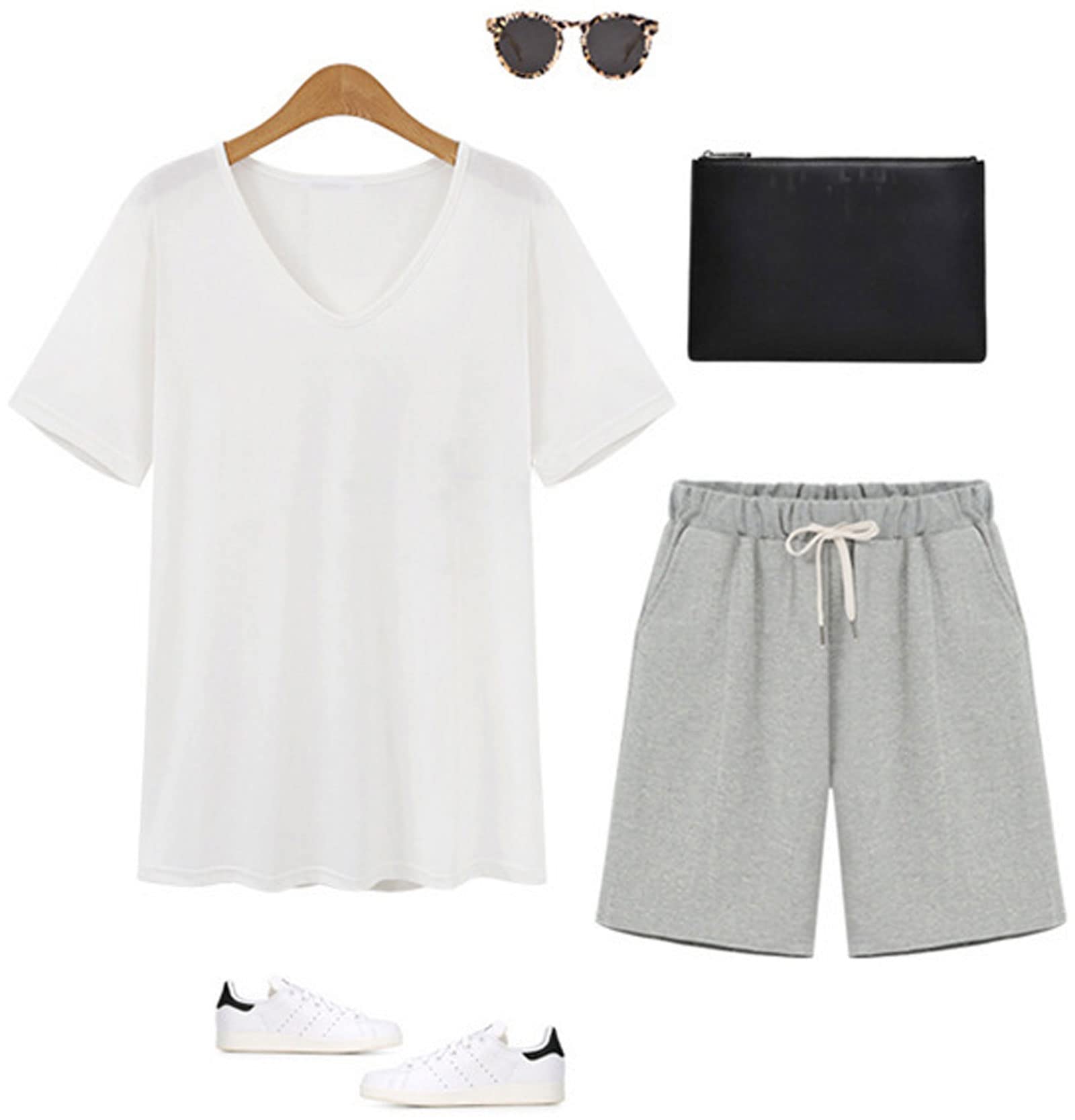 HOW'ON Women's Soft Knit Elastic Waist Jersey Casual Bermuda Shorts with Drawstring Grey XL