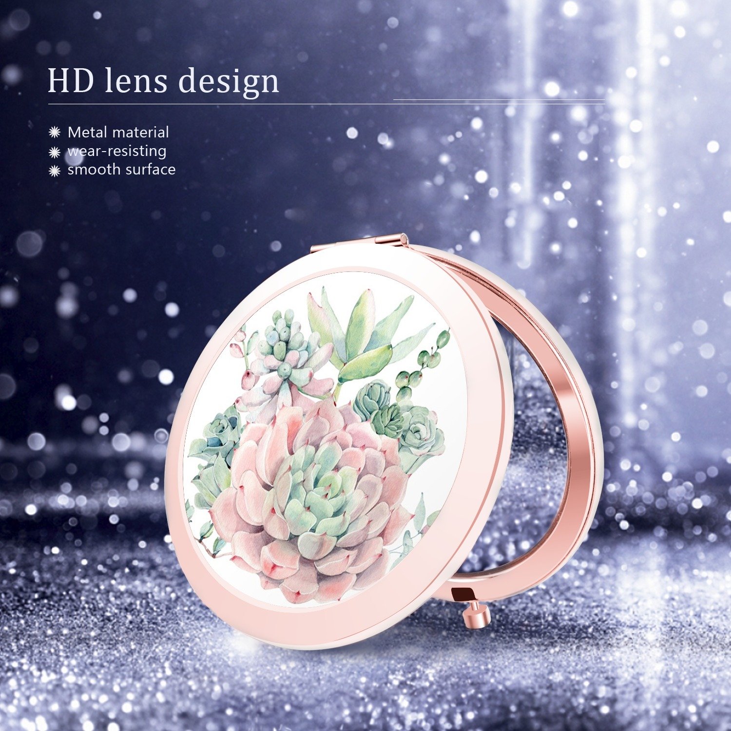 Rounded Compact Mirror, Customized Round Foldable Metal Makeup Mirror, 1x&2x Magnification Mini Mirror for Travel Purse Gift - Rose Gold Cactus