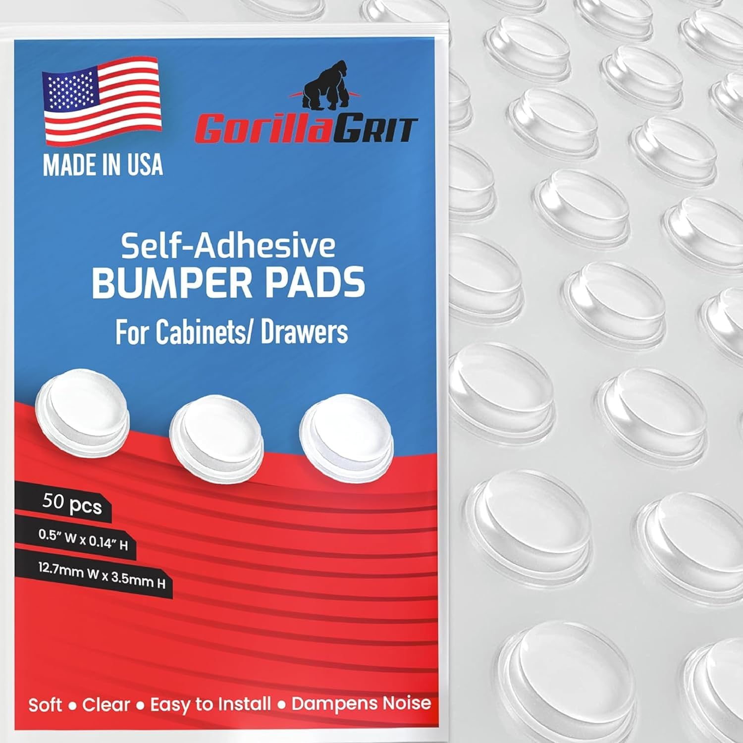 Pack of 50 Cabinet Door Bumpers - 1/2” Diameter Clear Adhesive Pads for Drawers, Glass Tops, Cutting Boards, Picture Frames, Small Furniture