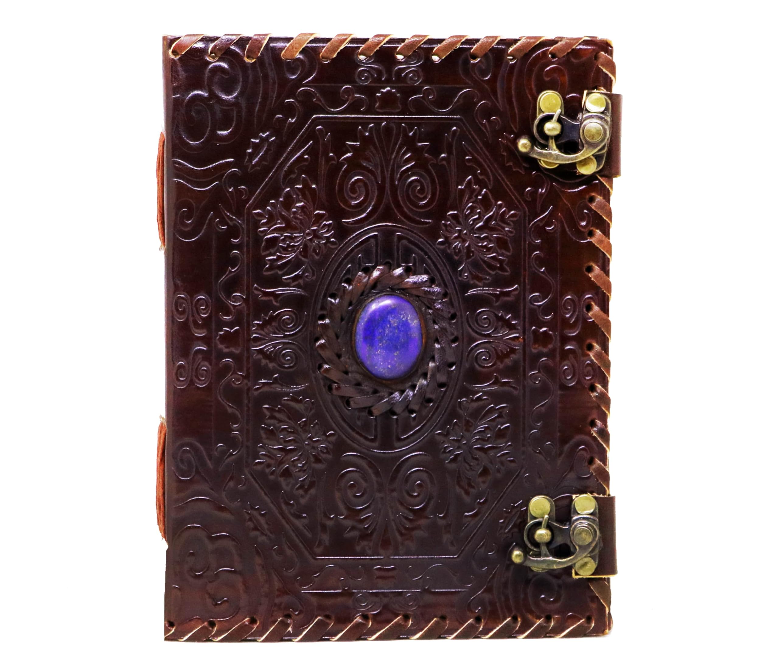 8" Leather Journal with string closure & stone Writing Pad Blank Notebook Handmade Notepad For Men & Women Unlined Paper Art Sketchbook Travel Diary To Write Book Of Shadows Refillable Grimoire Large