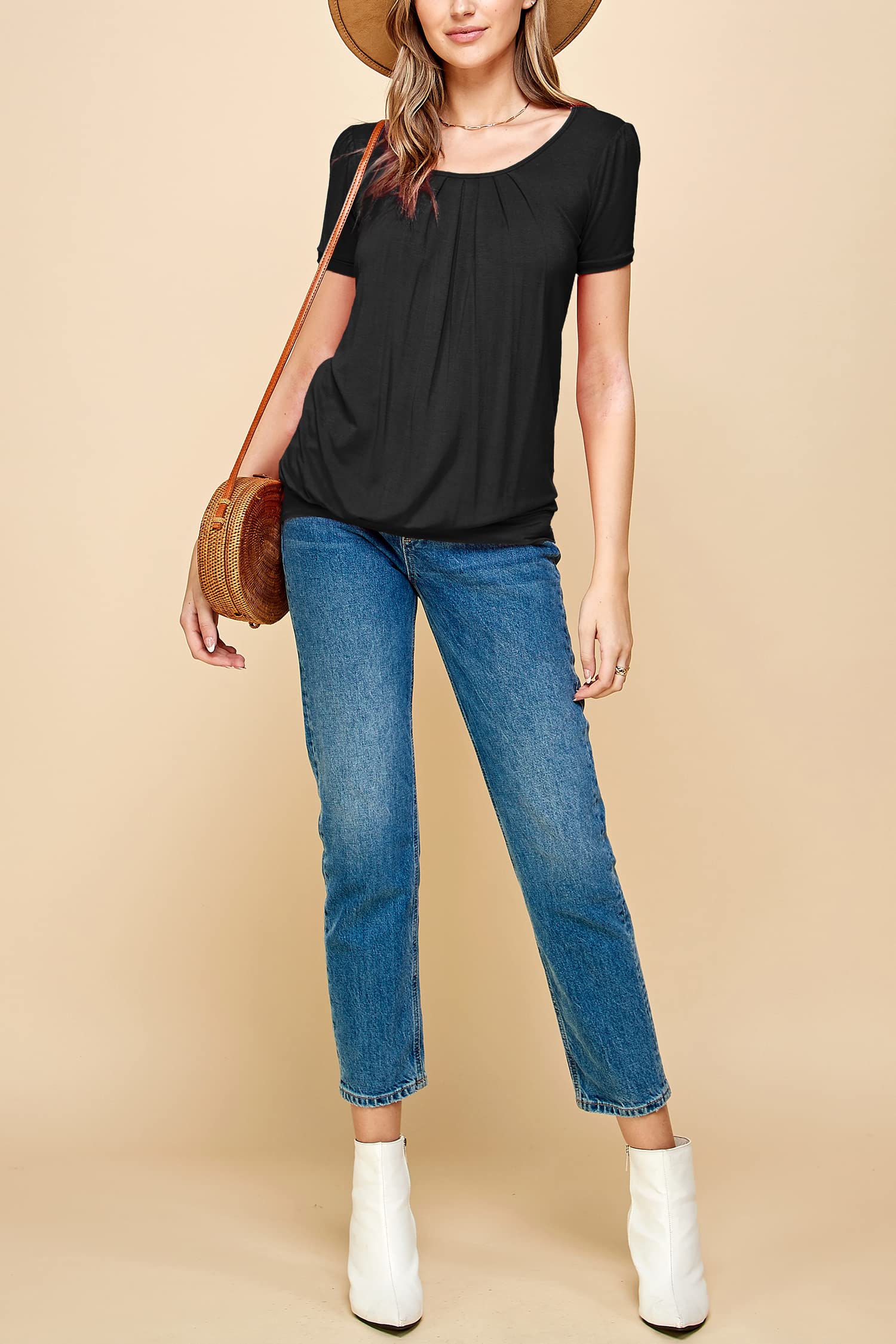 Made By Johnny MBJ WT1175 Women's Scoop Neck Short Sleeve Pleated Front Blouse Tunic Top XL Black