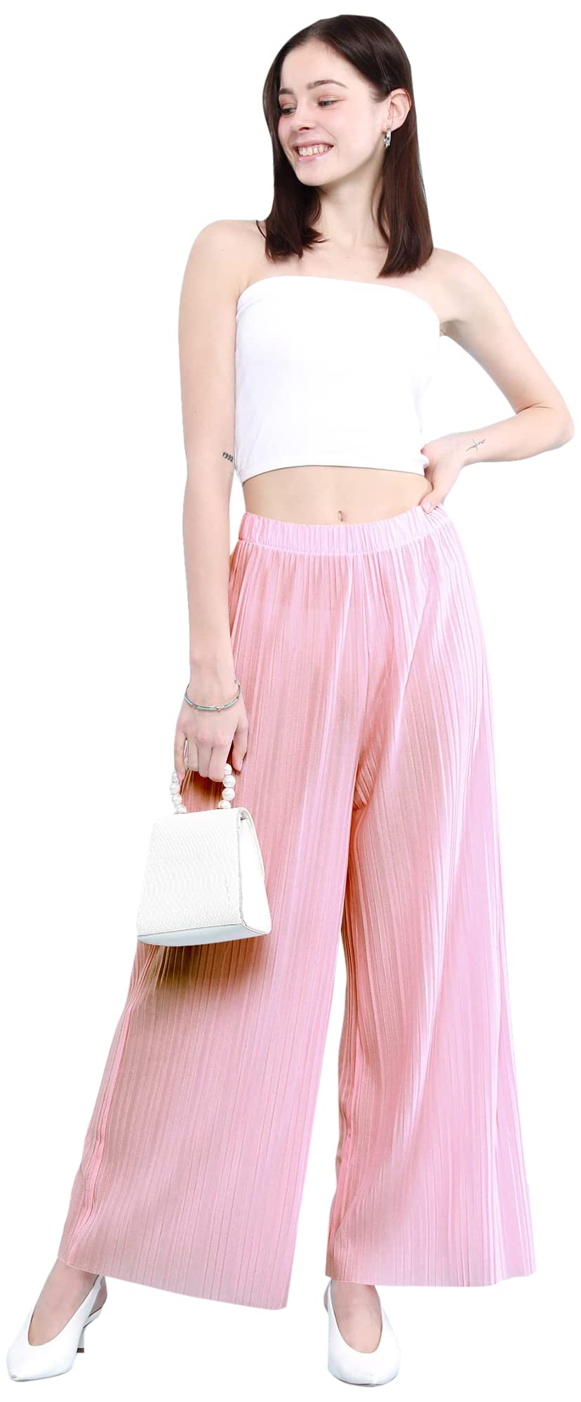 Lock and Love LL WB1795 Womens Casual High Waisted Pleated Wide Leg Palazzo Pants Trousers with Elastic Waist Band L Pink