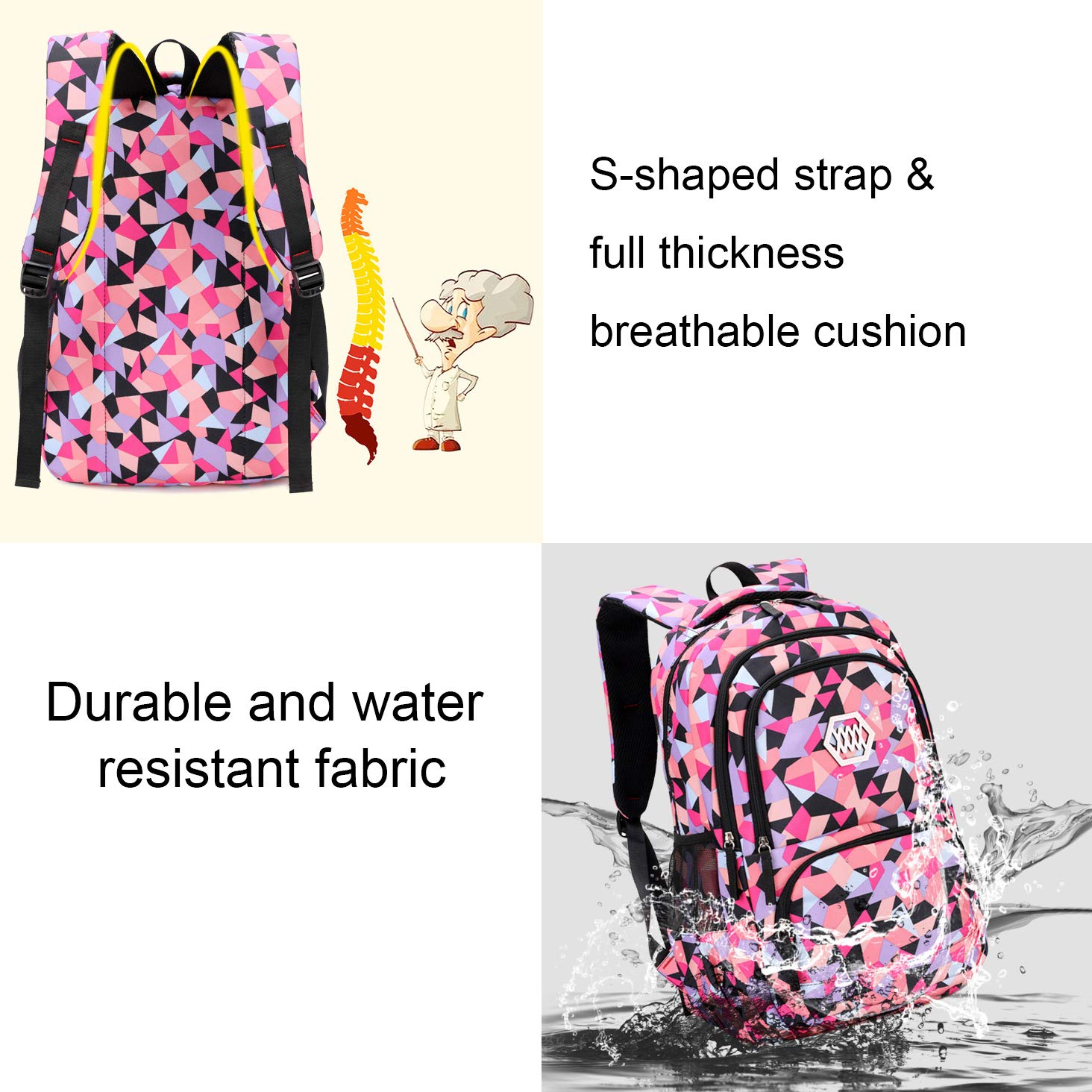 JiaYou Girl Geometric Printed Primary Junior High University School Bag Bookbag Backpack(2# Purple,35 L)