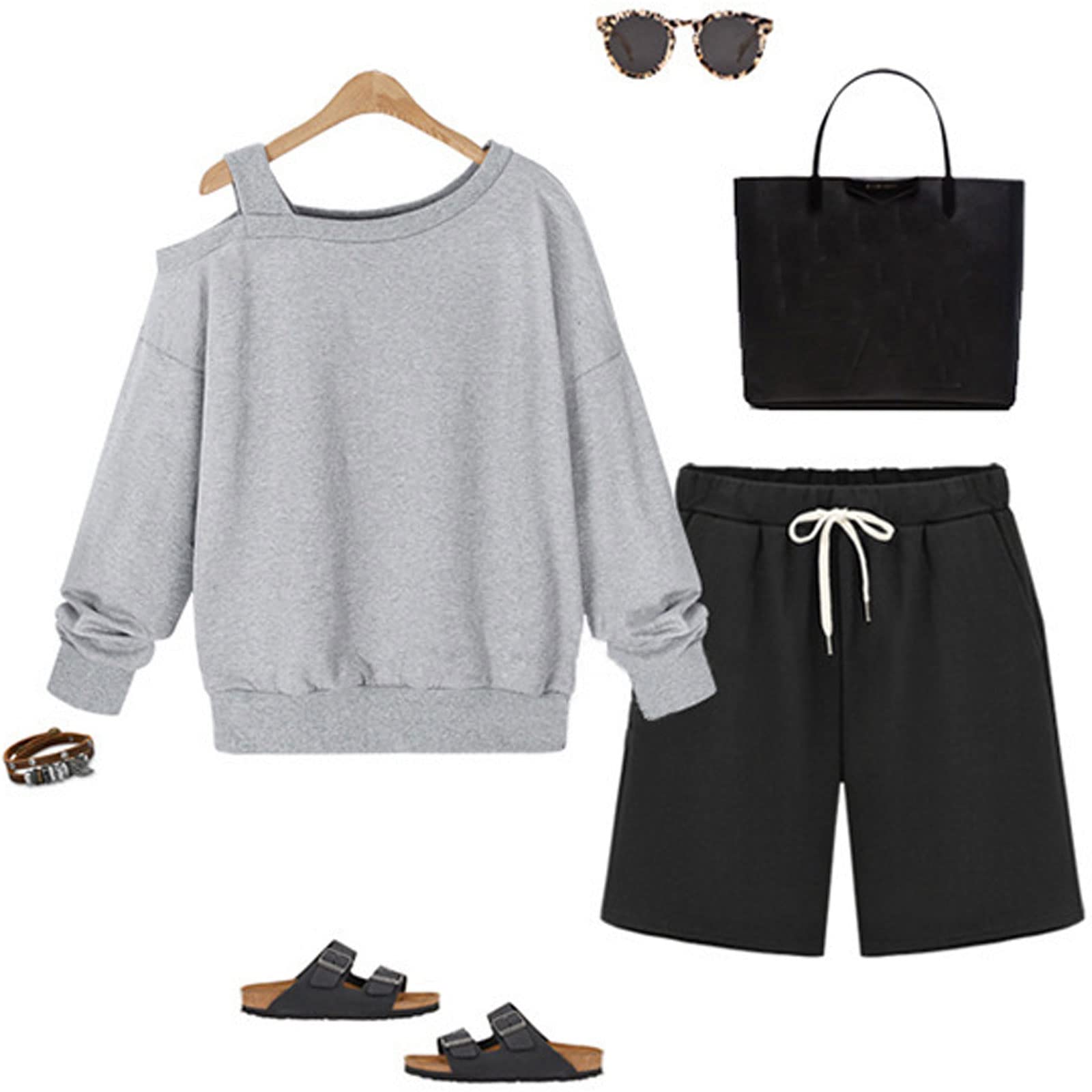 HOW'ON Women's Soft Knit Elastic Waist Jersey Casual Bermuda Shorts with Drawstring Grey XL