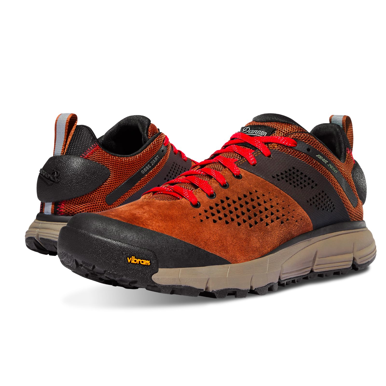 Danner Trail 2650 Hiking Shoes for Men - Durable Suede, Lightweight Textile with Breathable Mesh Lining, Ortholite Footbed, & Vibram Traction Outsole, Brown/Red - 10.5 D