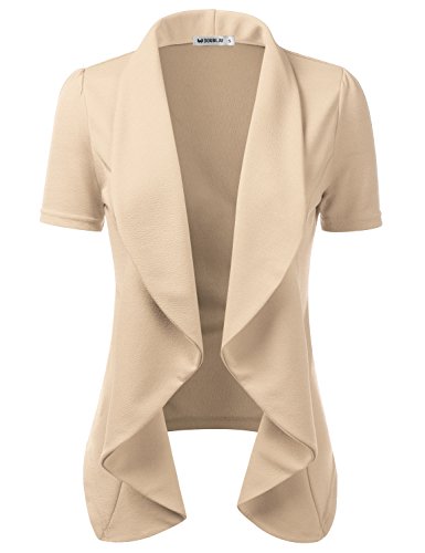 DOUBLJU Casual Draped Ruffles Blazer Short Sleeve Basic Open Front Cardigan Jacket for Womens with Plus Size Work Office Suit