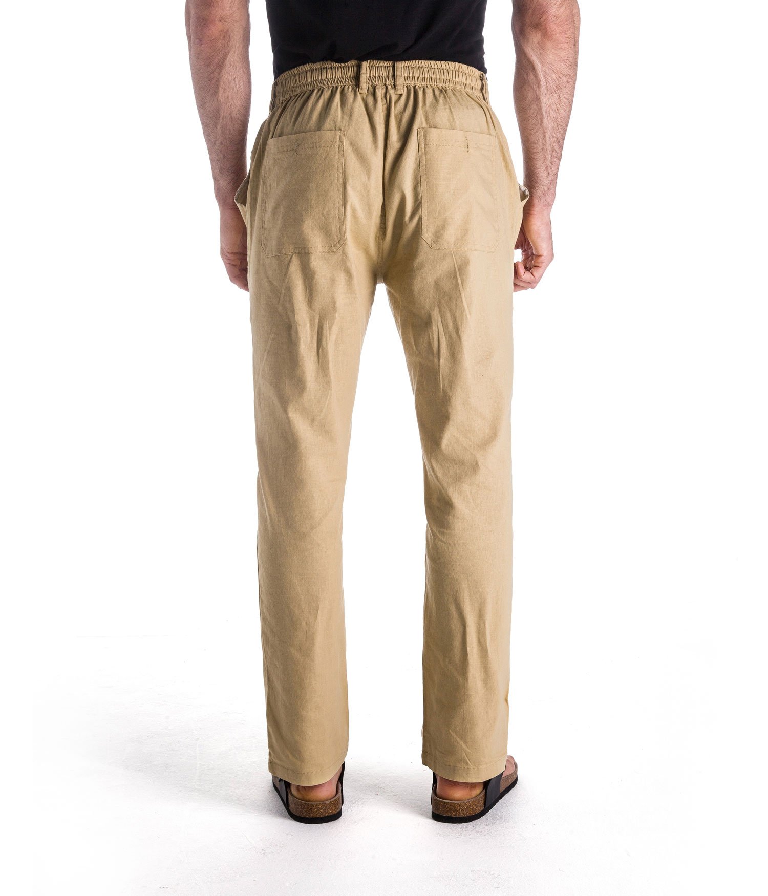 MUSE FATH Men’s Linen Elastic Waist Pants-Lightweight Summer Trousers-Khaki-S