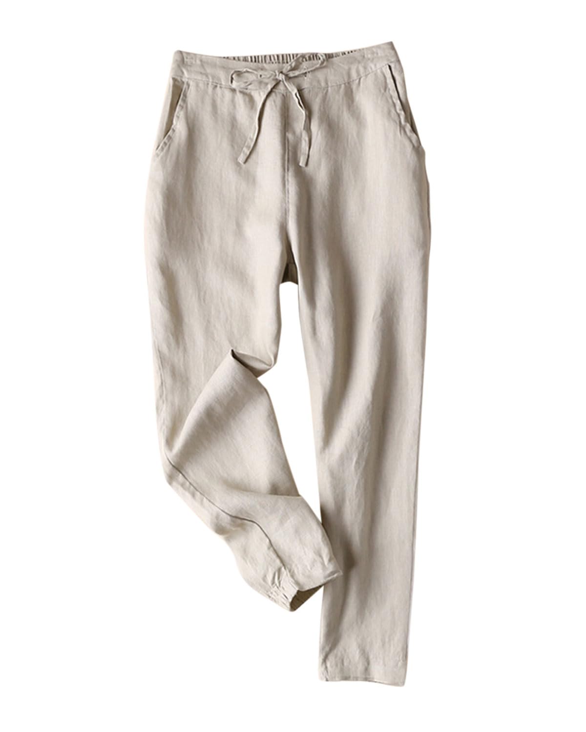 IXIMO Women's Tapered Pants 100% Linen Drawstring Back Elastic Waist Pants Trousers with Pockets Khaki XL