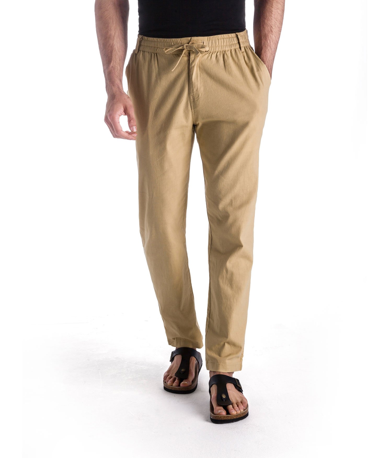 MUSE FATH Men’s Linen Elastic Waist Pants-Lightweight Summer Trousers-Khaki-S