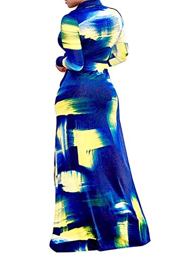 Locryz Women's V Neck 3/4 Sleeve Digital Printed Loose Long Maxi Party Dress with Belt (M, Blue)