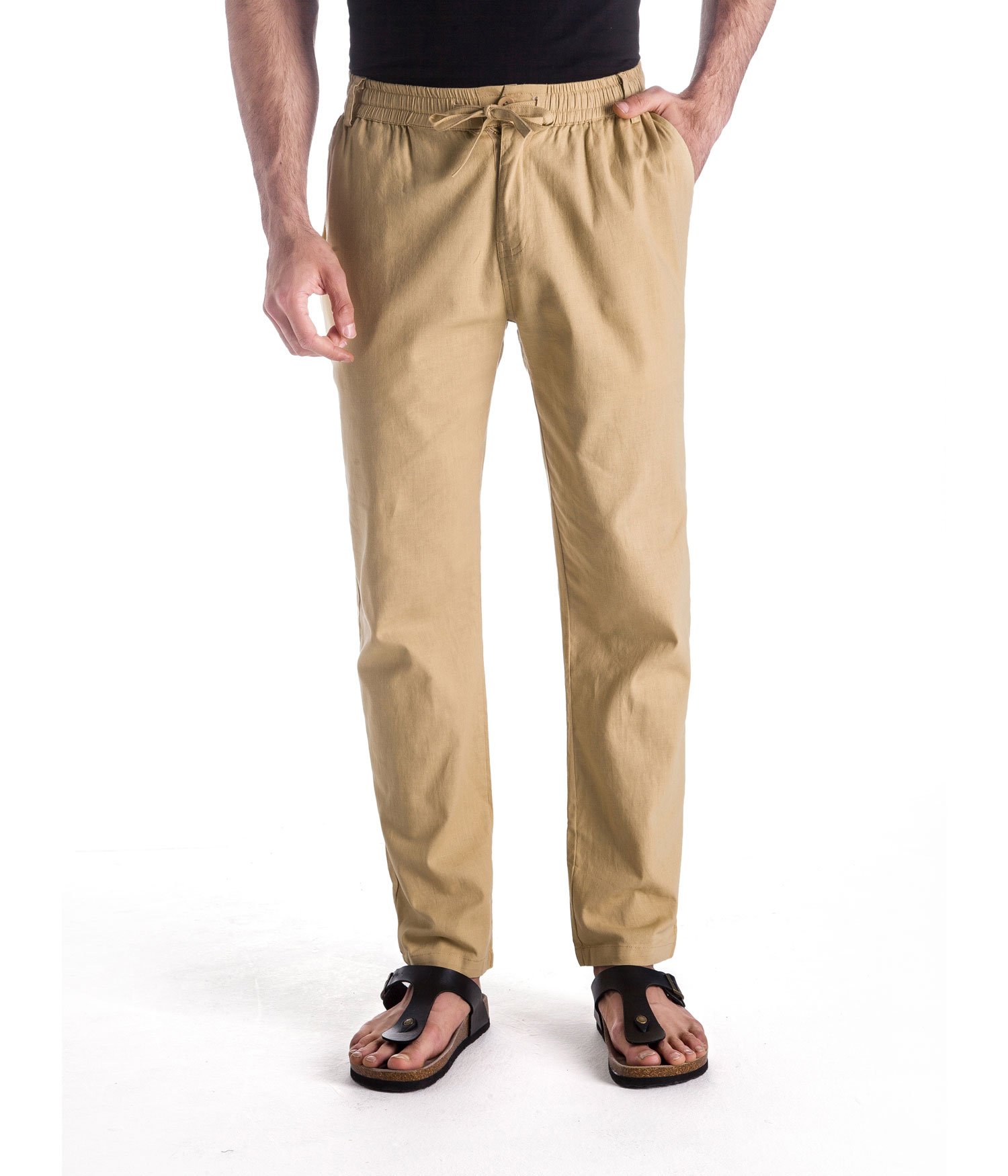 MUSE FATH Men’s Linen Elastic Waist Pants-Lightweight Summer Trousers-Khaki-S