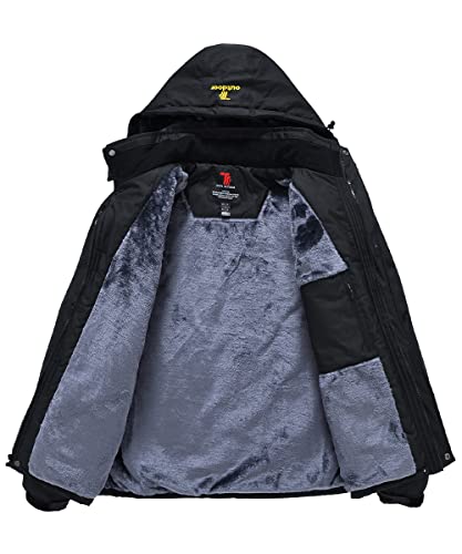 JINSHI Men Snow Jacket Windproof Waterproof Ski Jackets Winter Hooded Mountain Fleece Outwear (Black,L)