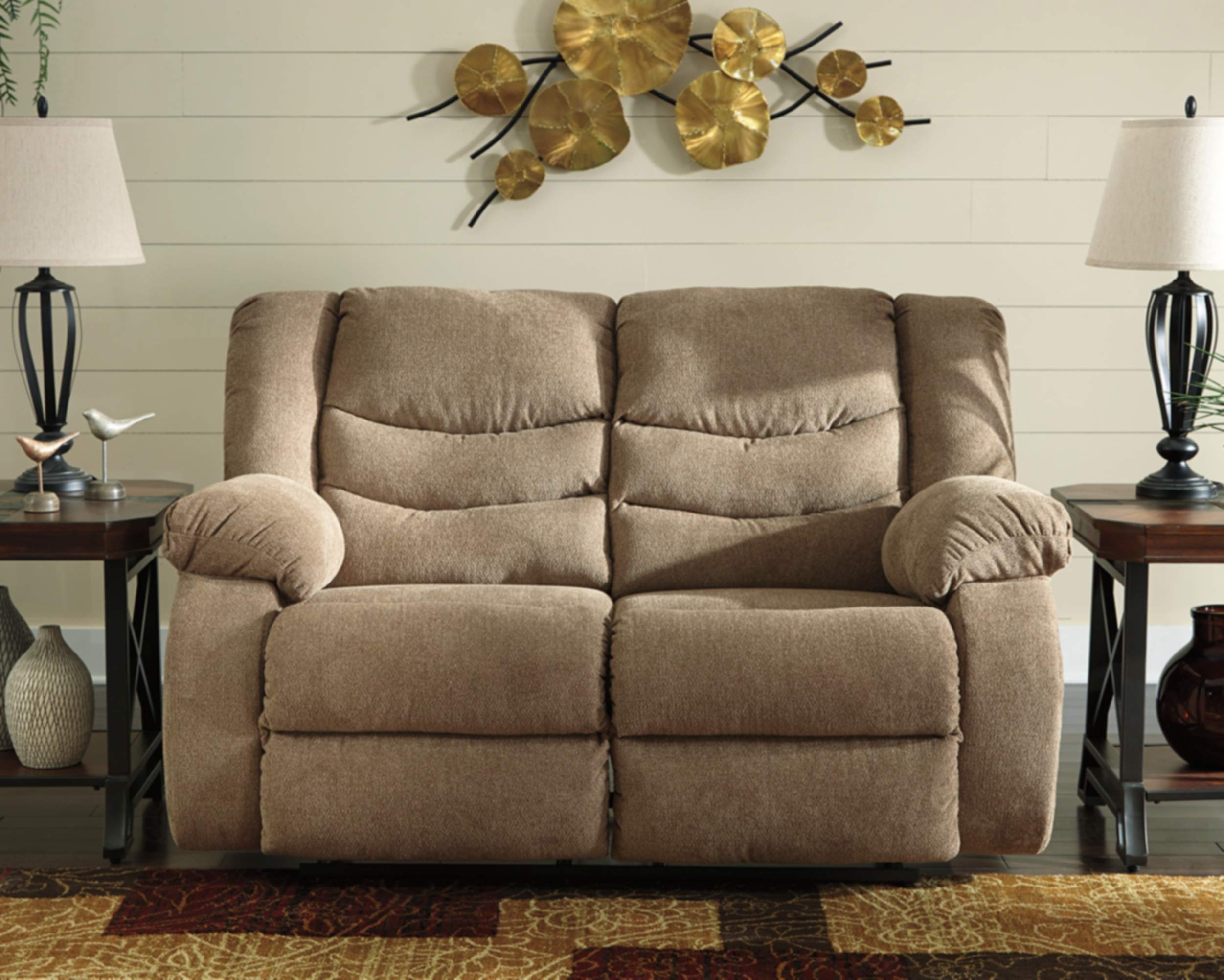 Signature Design by Ashley Tulen Modern Manual Pull Tab Reclining Loveseat, Light Brown