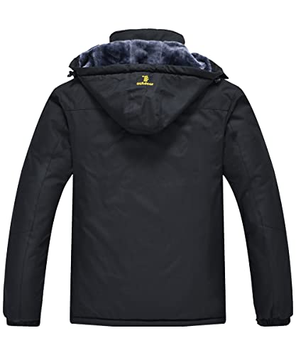 JINSHI Men Snow Jacket Windproof Waterproof Ski Jackets Winter Hooded Mountain Fleece Outwear (Black,L)