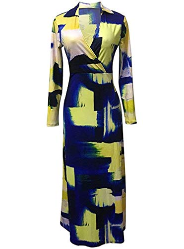 Locryz Women's V Neck 3/4 Sleeve Digital Printed Loose Long Maxi Party Dress with Belt (M, Blue)