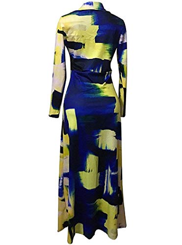 Locryz Women's V Neck 3/4 Sleeve Digital Printed Loose Long Maxi Party Dress with Belt (M, Blue)