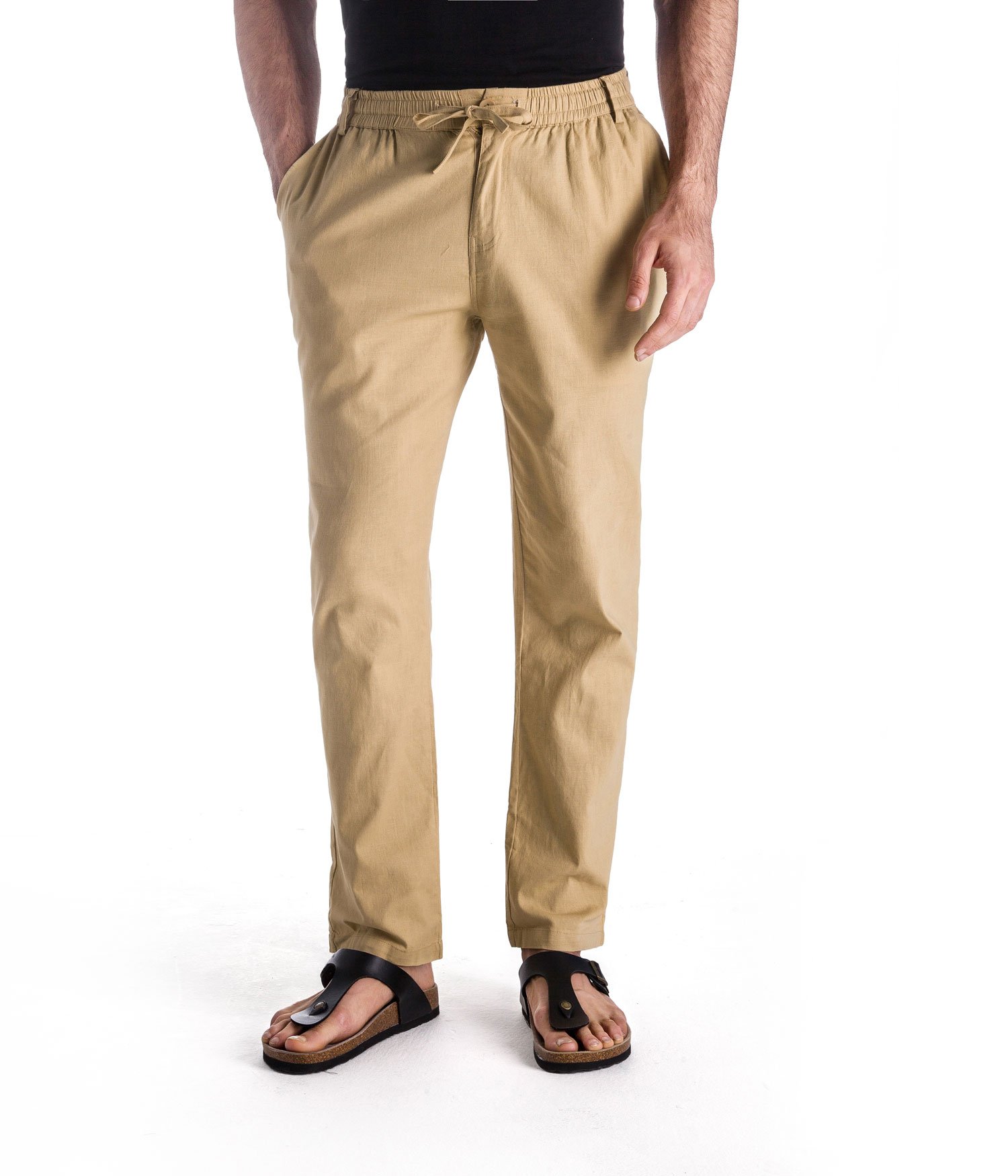 MUSE FATH Men’s Linen Elastic Waist Pants-Lightweight Summer Trousers-Khaki-S