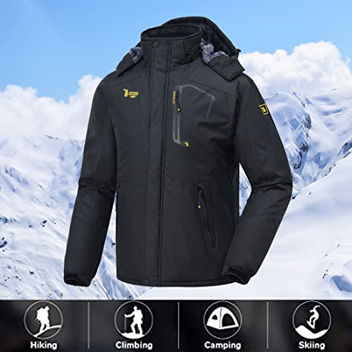 JINSHI Men Snow Jacket Windproof Waterproof Ski Jackets Winter Hooded Mountain Fleece Outwear (Black,L)
