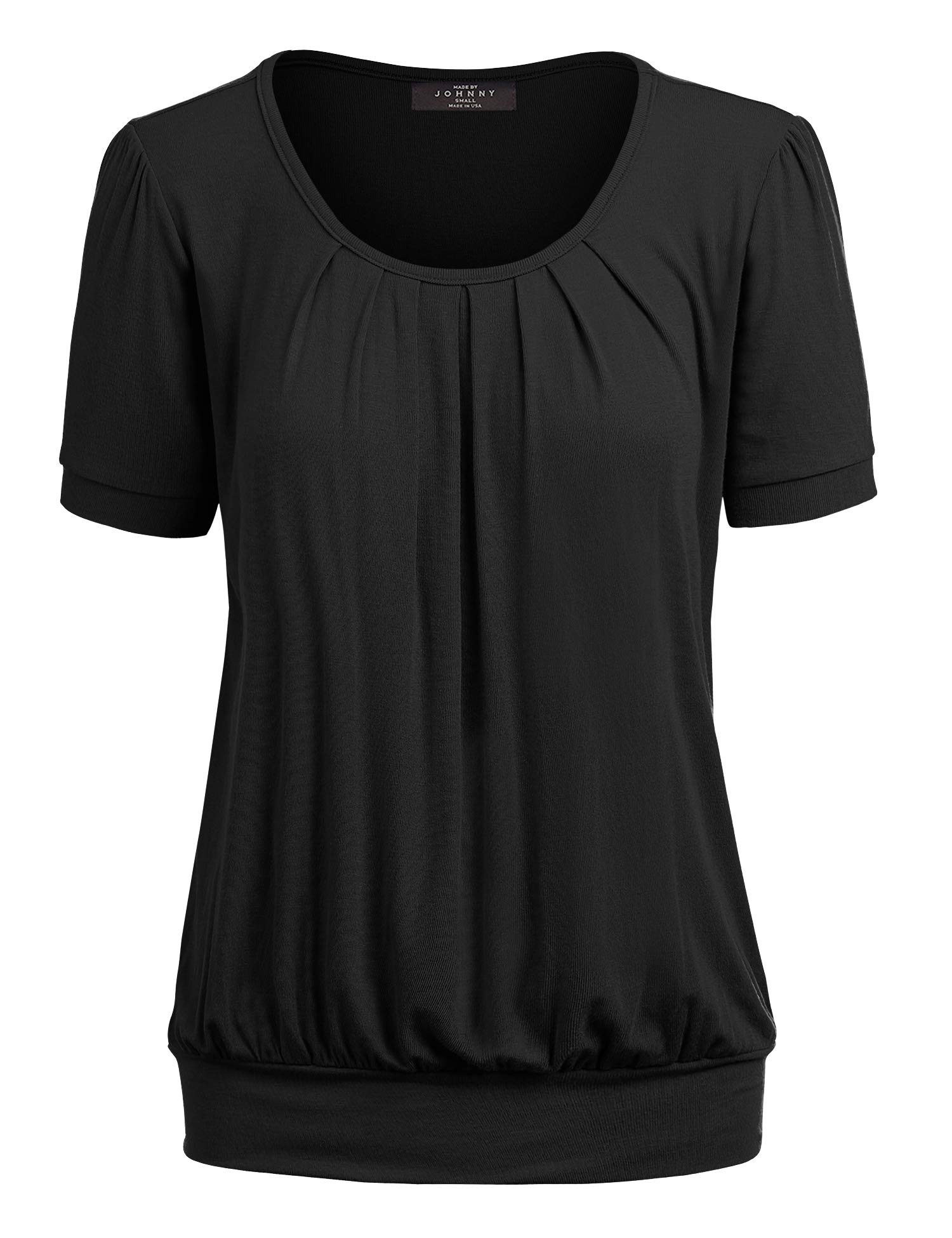 Made By Johnny MBJ WT1175 Women's Scoop Neck Short Sleeve Pleated Front Blouse Tunic Top XL Black