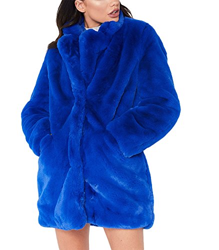 Remelon Womens Long Sleeve Winter Warm Lapel Fox Faux Fur Coat Jacket Overcoat Outwear with Pockets Blue L