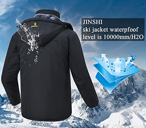 JINSHI Men Snow Jacket Windproof Waterproof Ski Jackets Winter Hooded Mountain Fleece Outwear (Black,L)