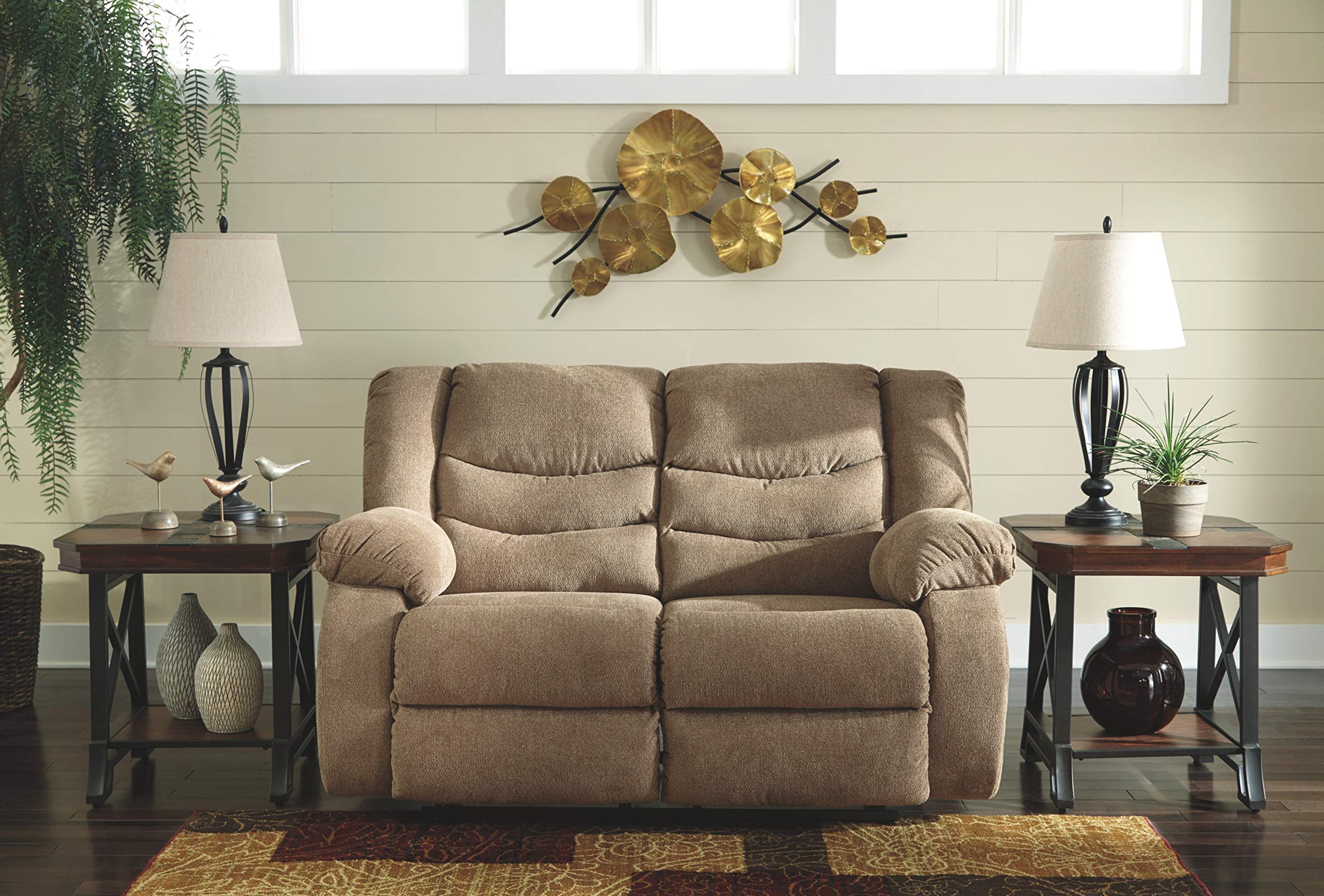 Signature Design by Ashley Tulen Modern Manual Pull Tab Reclining Loveseat, Light Brown