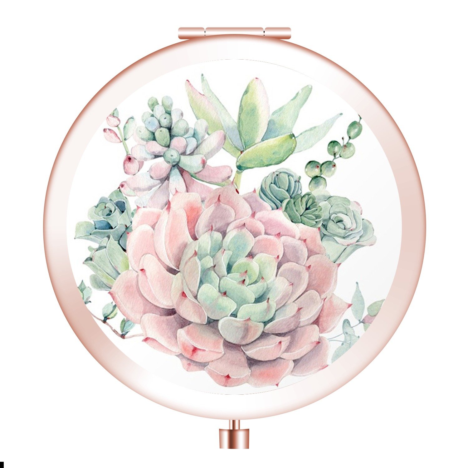 Rounded Compact Mirror, Customized Round Foldable Metal Makeup Mirror, 1x&2x Magnification Mini Mirror for Travel Purse Gift - Rose Gold Cactus