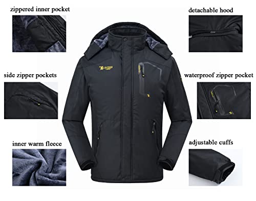 JINSHI Men Snow Jacket Windproof Waterproof Ski Jackets Winter Hooded Mountain Fleece Outwear (Black,L)