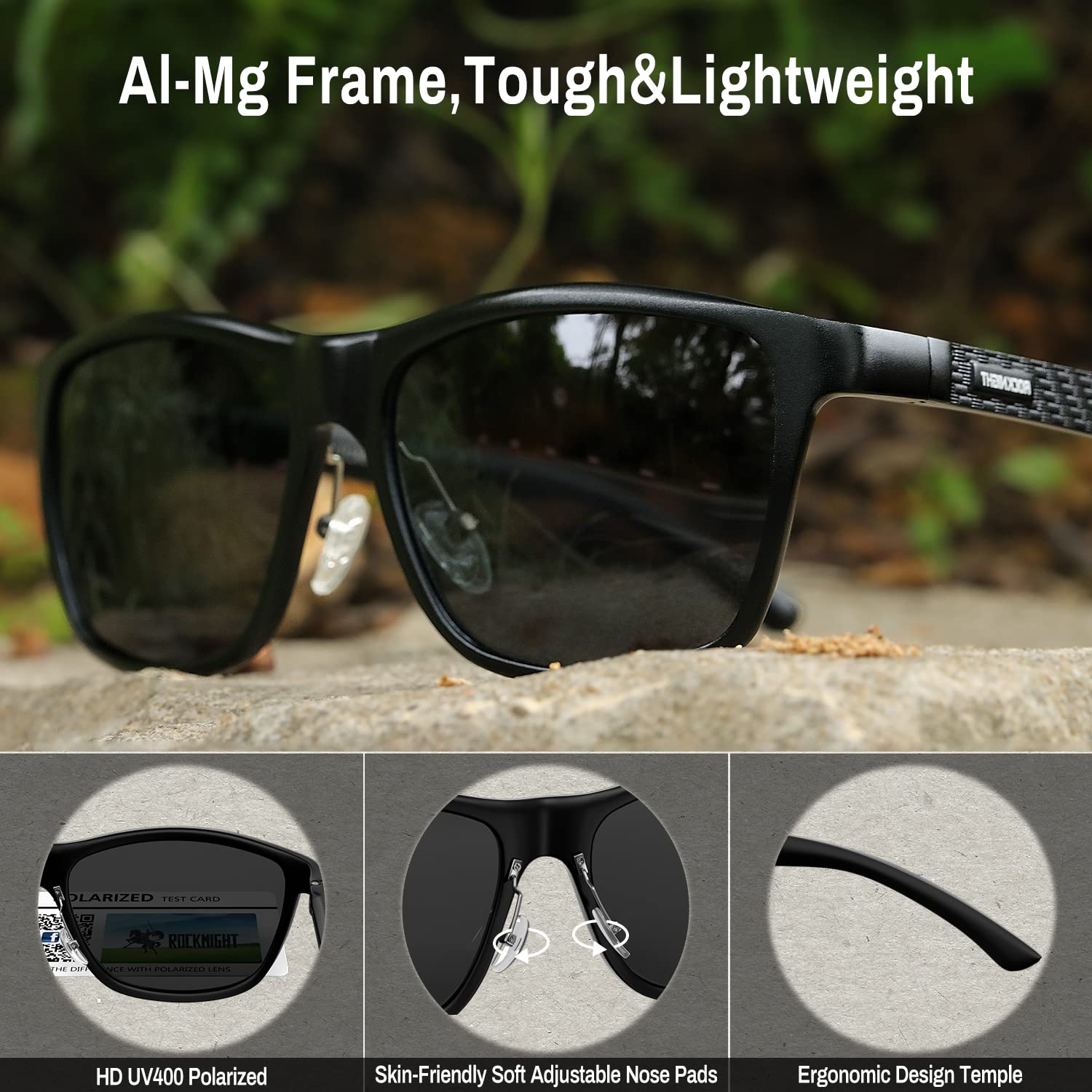 ROCKNIGHT Driving Sunglasses for Men Polarized UV Protection Metal Frame Cool Outdoor Casual UV400 Sunglasses Hiking Travel