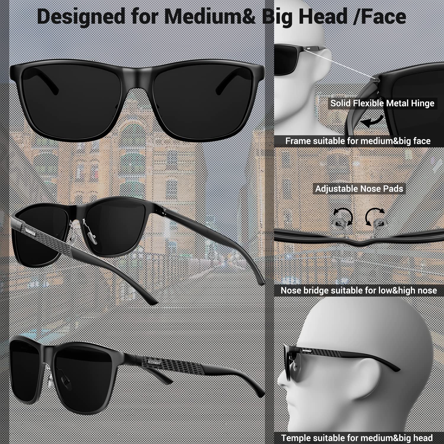 ROCKNIGHT Driving Sunglasses for Men Polarized UV Protection Metal Frame Cool Outdoor Casual UV400 Sunglasses Hiking Travel