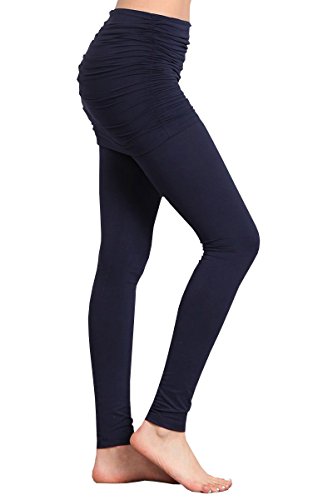 HEYHUN Womens Athleisure Ultra Soft Knit Foldover Ruched Skirted Yoga Leggings - Navy - XL