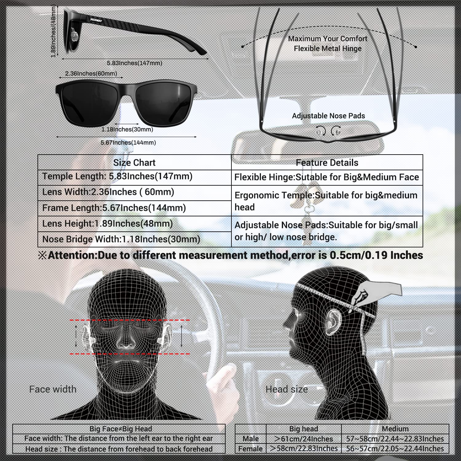 ROCKNIGHT Driving Sunglasses for Men Polarized UV Protection Metal Frame Cool Outdoor Casual UV400 Sunglasses Hiking Travel
