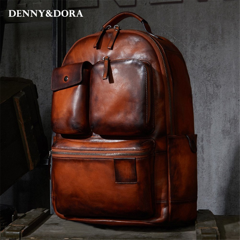 Denny&Dora Genuine Leather Backpack Luxury Vintage Laptop Bag Multi Pockets Bookbag Mens Casual Travel Daypack Large Capacity (Brown)