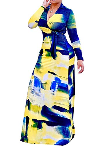 Locryz Women's V Neck 3/4 Sleeve Digital Printed Loose Long Maxi Party Dress with Belt (M, Blue)