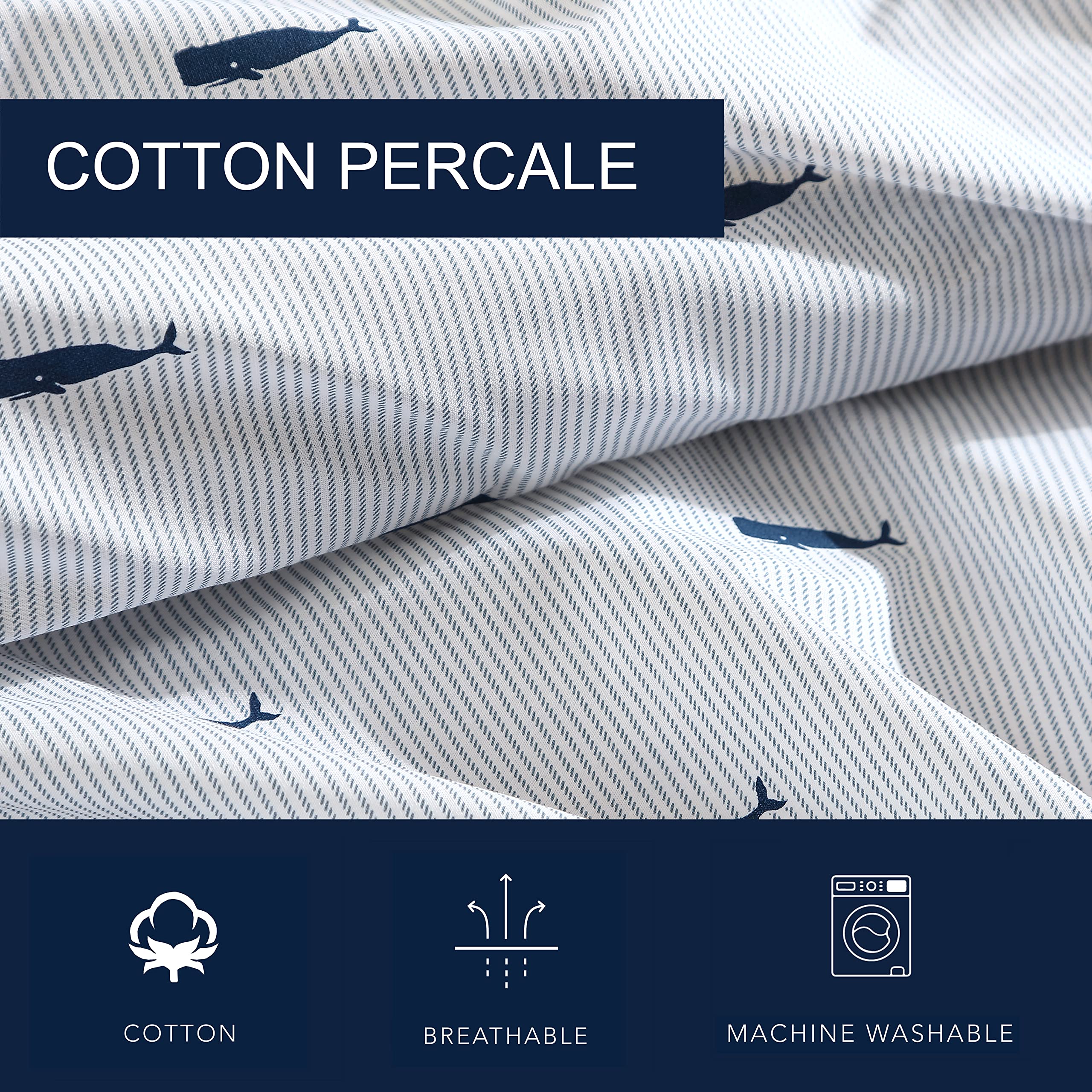 Nautica - Full Size Sheet Sets, Cotton Percale Bedding, Crisp & Cool, Coastal Bedding Set (Whale Stripe Blue, Full)