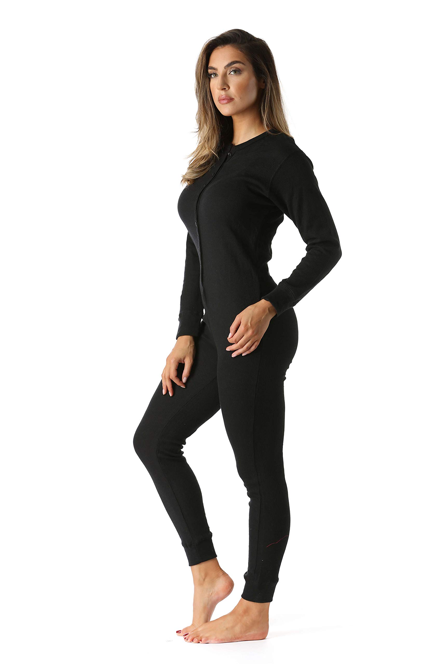 6363-BLK-L #FollowMe Women's Solid Thermal Henley Onesie, Black, Large