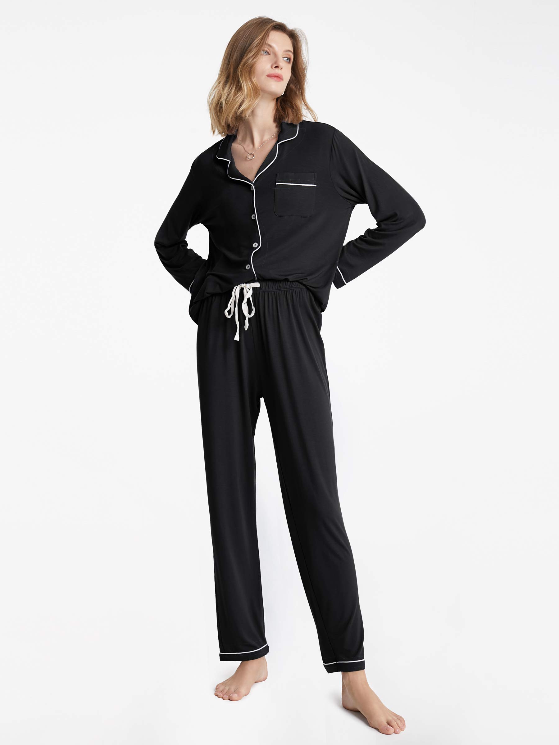 SIORO Womens Pajamas Set Long Sleeve, Button Down Cotton Pj Sets For Women Soft Nightwear,Black With White Piping, Small