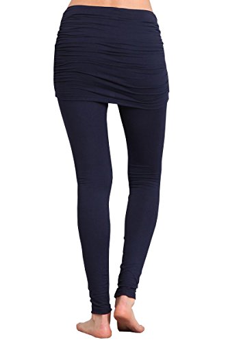 HEYHUN Womens Athleisure Ultra Soft Knit Foldover Ruched Skirted Yoga Leggings - Navy - XL