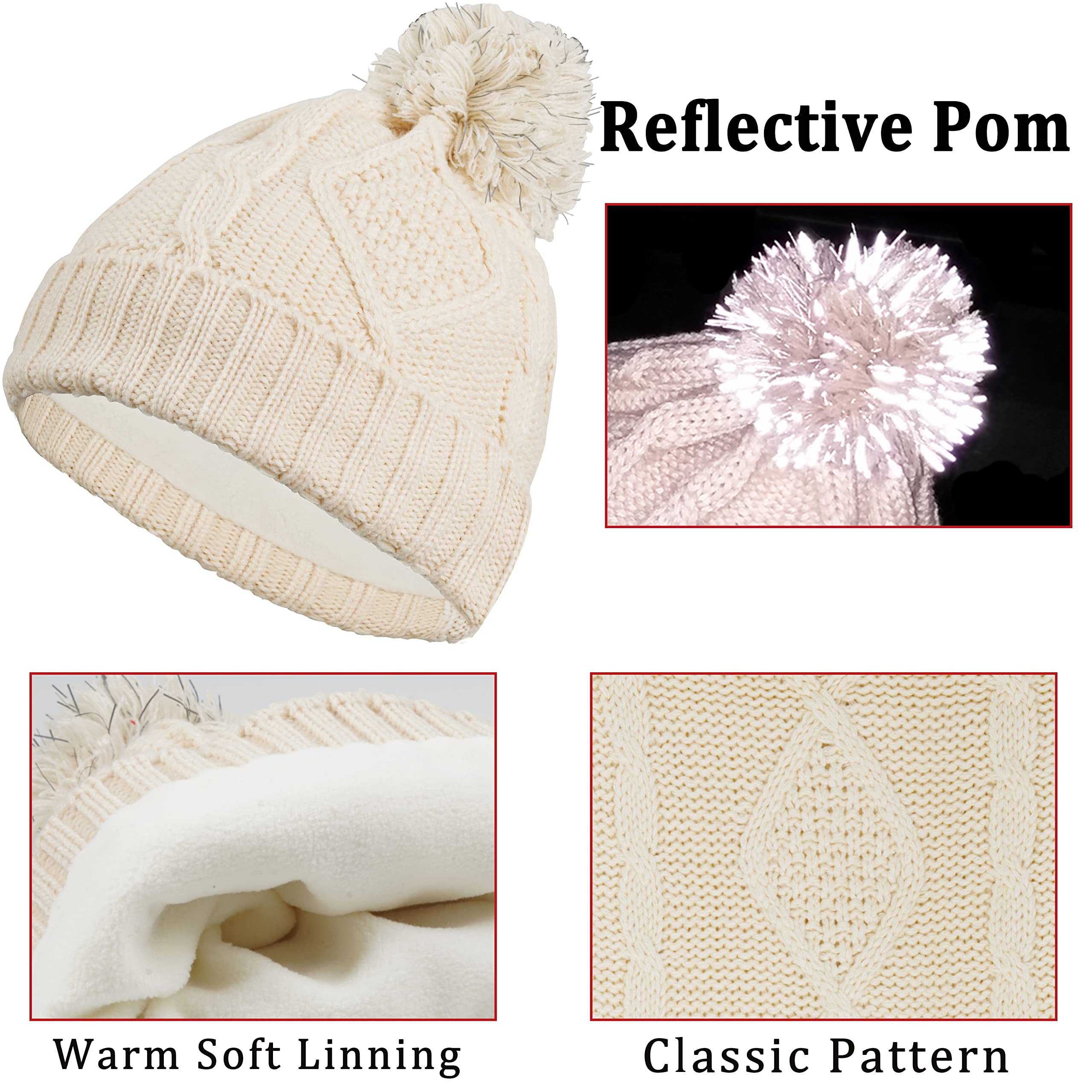 Winter Hat Gloves Scarf Set Women, Beanie with Pom Touchscreen Gloves Warm Knit Long Scarf 3 in 1 Set Gift for Women