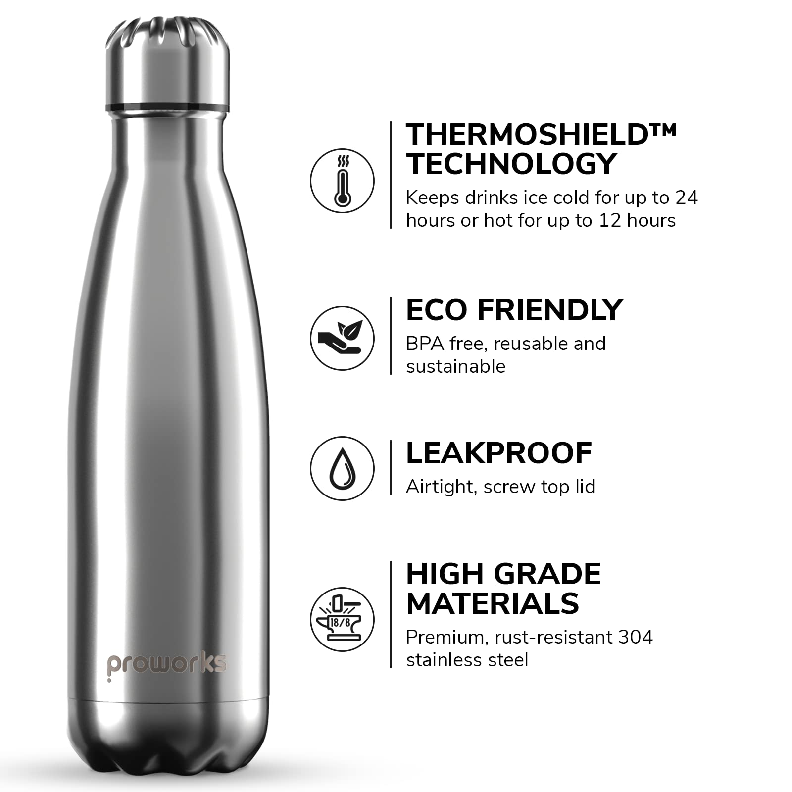 Proworks Stainless Steel Sports Water Bottle | Double Insulated Vacuum Flask for 12 Hours Hot & 24 Hours Cold Drinks - Great for Home, Work, Gym & Travel - BPA Free β Metallic Silver - 1L