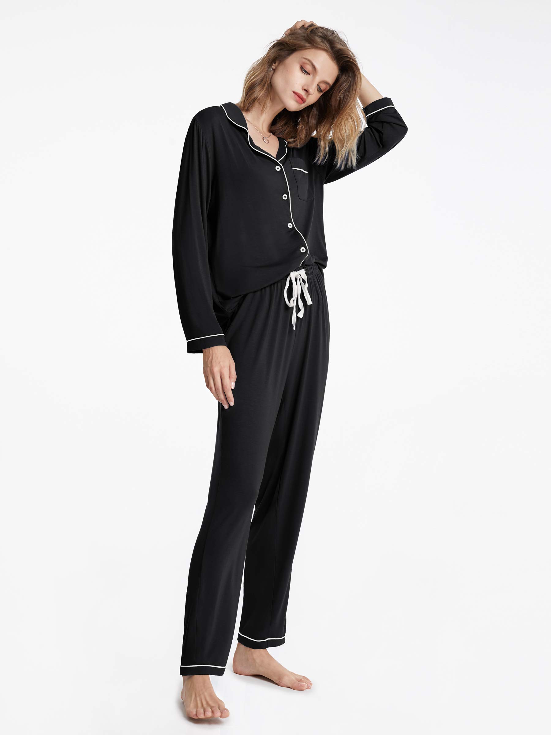 SIORO Womens Pajamas Set Long Sleeve, Button Down Cotton Pj Sets For Women Soft Nightwear,Black With White Piping, Small