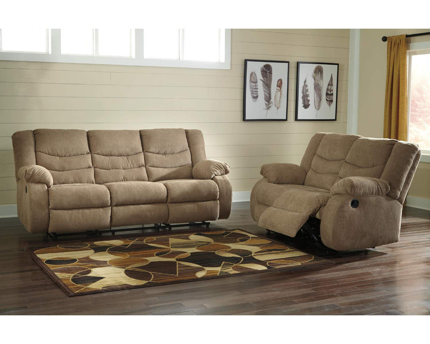 Signature Design by Ashley Tulen Modern Manual Pull Tab Reclining Loveseat, Light Brown