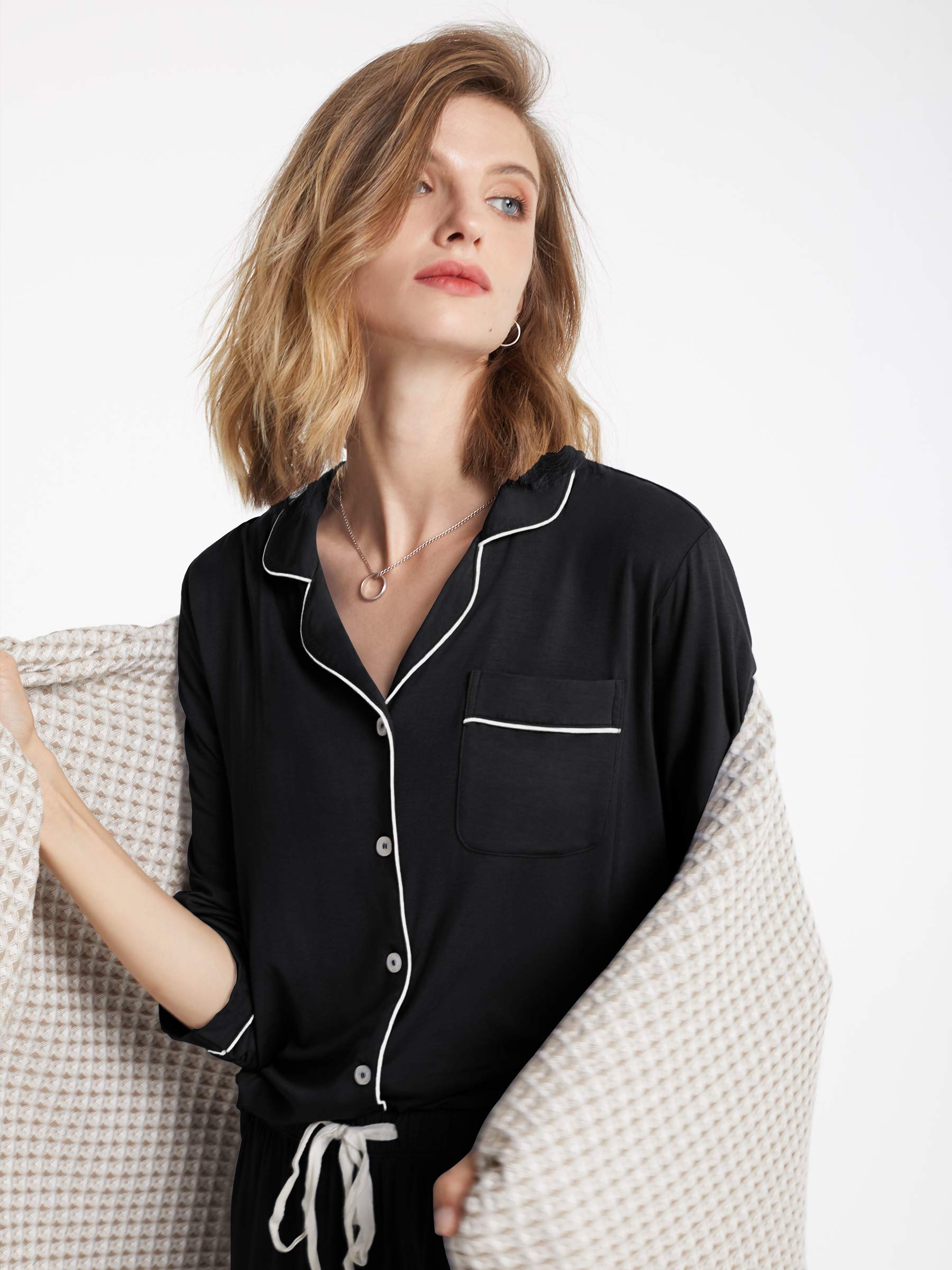 SIORO Womens Pajamas Set Long Sleeve, Button Down Cotton Pj Sets For Women Soft Nightwear,Black With White Piping, Small
