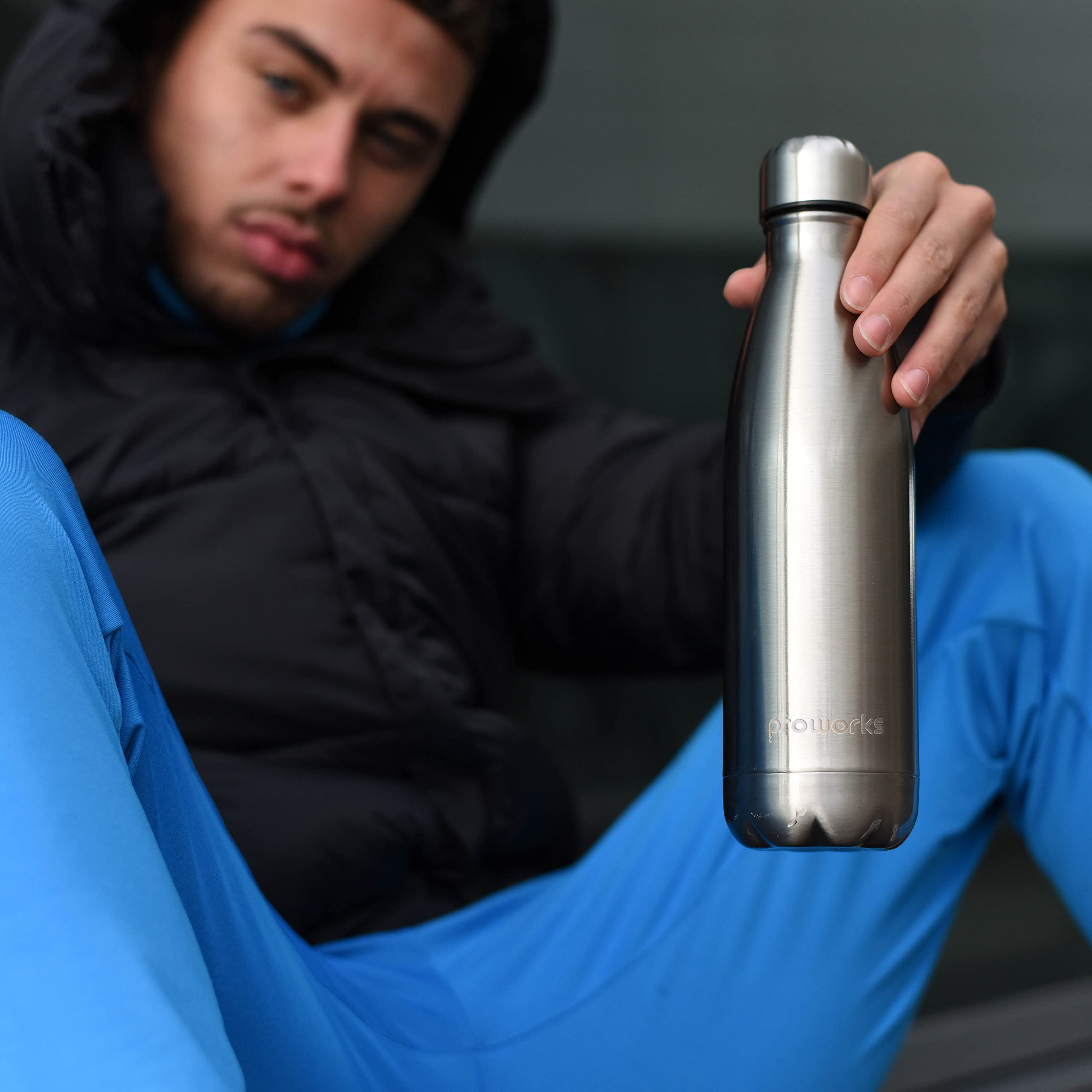 Proworks Stainless Steel Sports Water Bottle | Double Insulated Vacuum Flask for 12 Hours Hot & 24 Hours Cold Drinks - Great for Home, Work, Gym & Travel - BPA Free β Metallic Silver - 1L