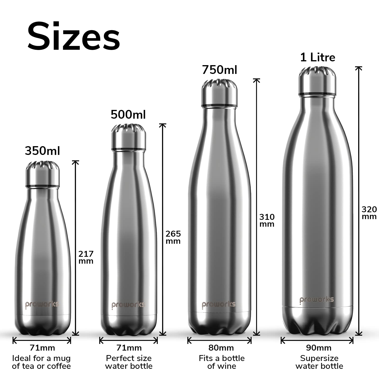 Proworks Stainless Steel Sports Water Bottle | Double Insulated Vacuum Flask for 12 Hours Hot & 24 Hours Cold Drinks - Great for Home, Work, Gym & Travel - BPA Free β Metallic Silver - 1L