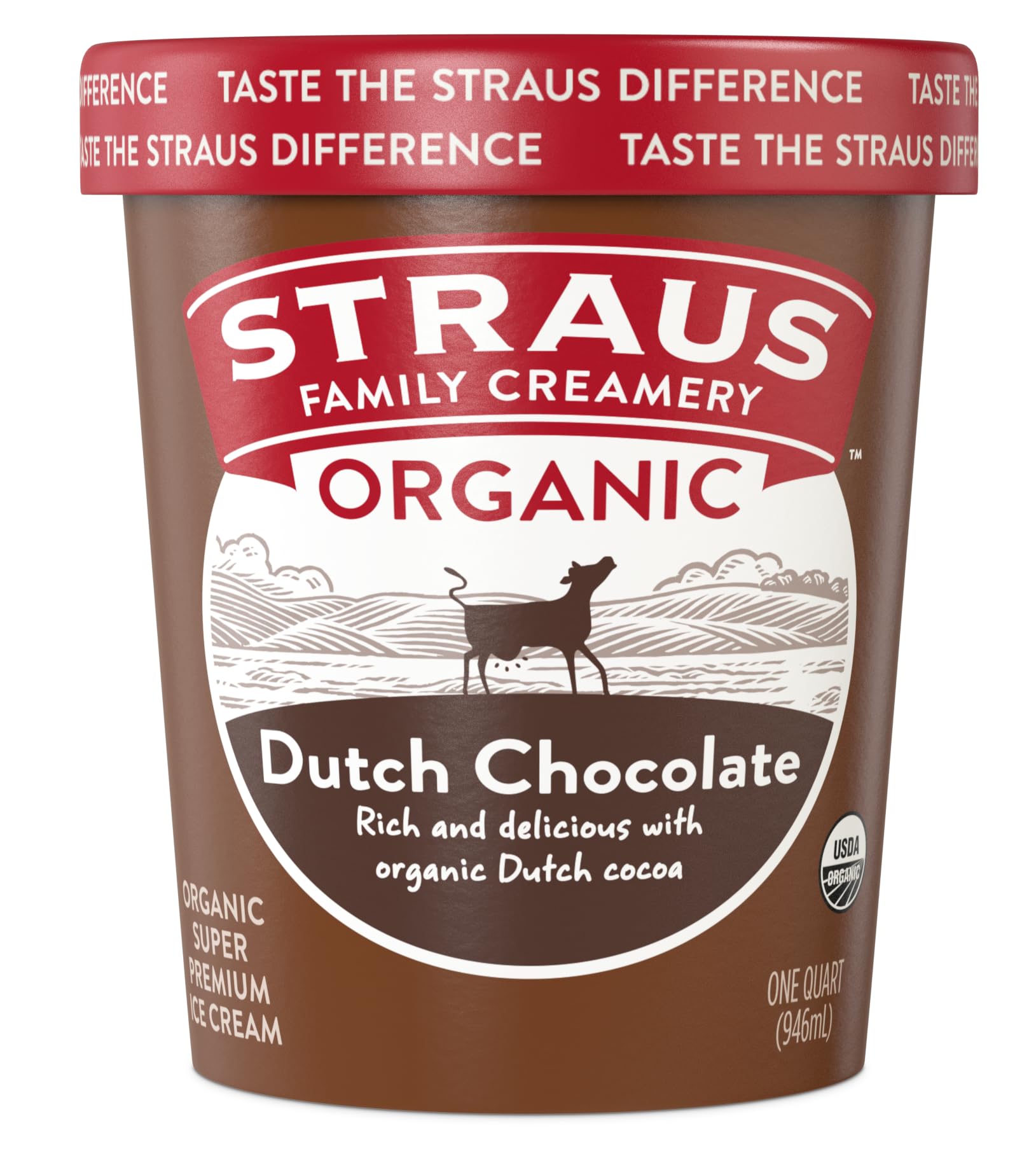 Straus Family Creamery Dutch Chocolate Ice Cream (Quart), Super Premium, Organic, Gluten Free, No Fillers, Gums, Preservatives, or Artificial Flavors, Milk from Regenerative Family Farms and Pasture-Based Herds