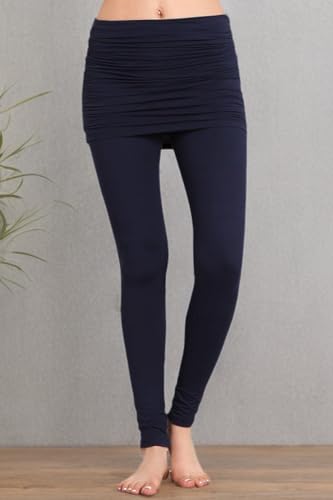 HEYHUN Womens Athleisure Ultra Soft Knit Foldover Ruched Skirted Yoga Leggings - Navy - XL